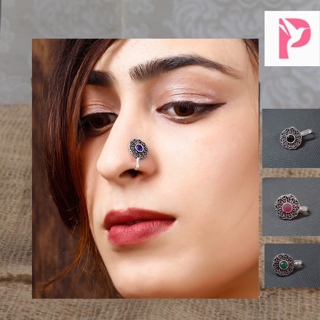 Nose Pin (Clip-on) In Round Shape With Sparkling Colorful Stone - NOSEPINS